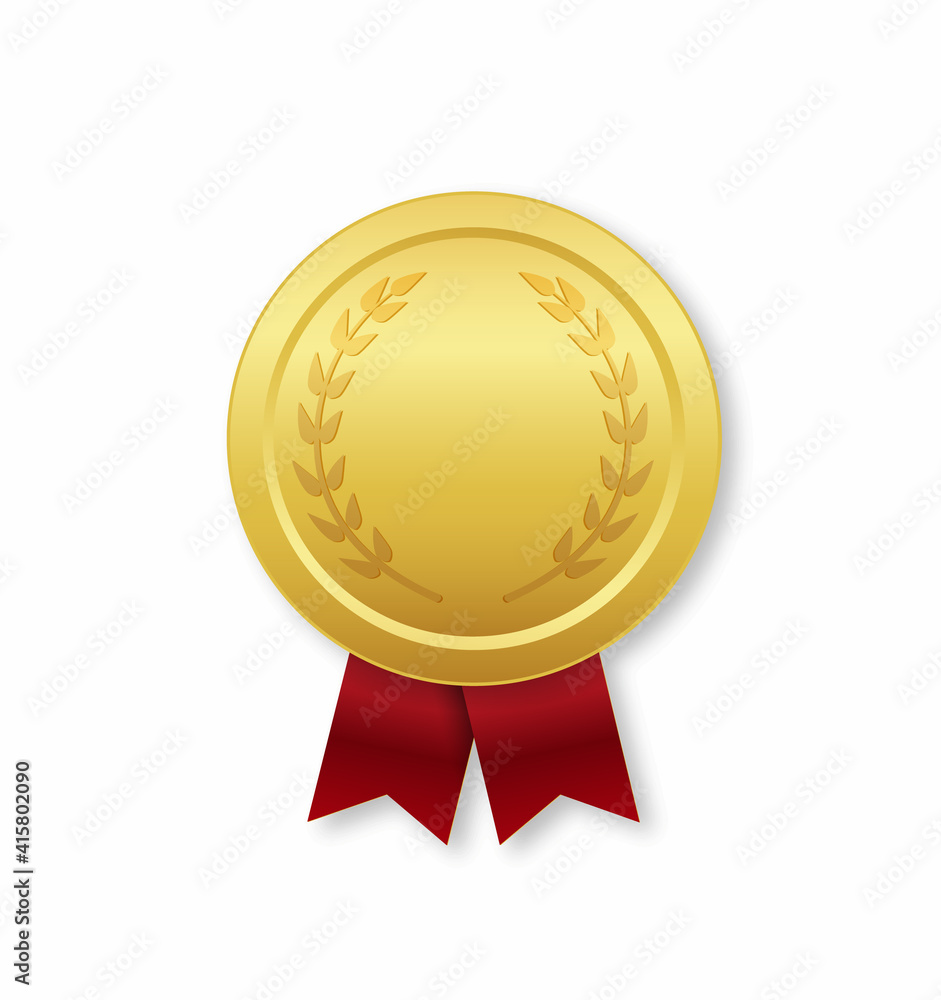 Gold medal with red ribbon. Award for winner. prize of champion. Golden ...
