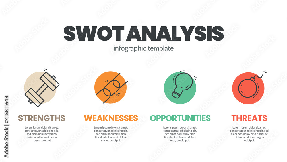 Infographic template designed with linear icons and editable SWOT ...