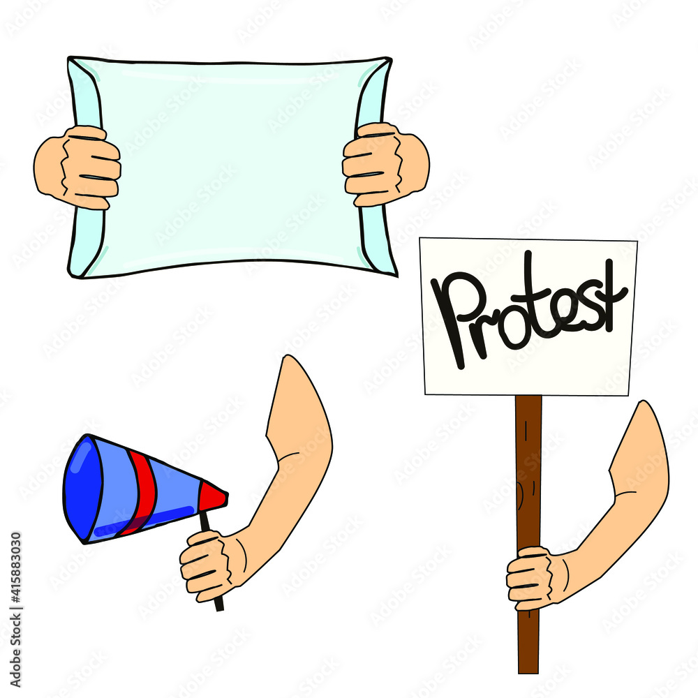 Colored vector symbols of protest, wooden plate and poster with mine ...