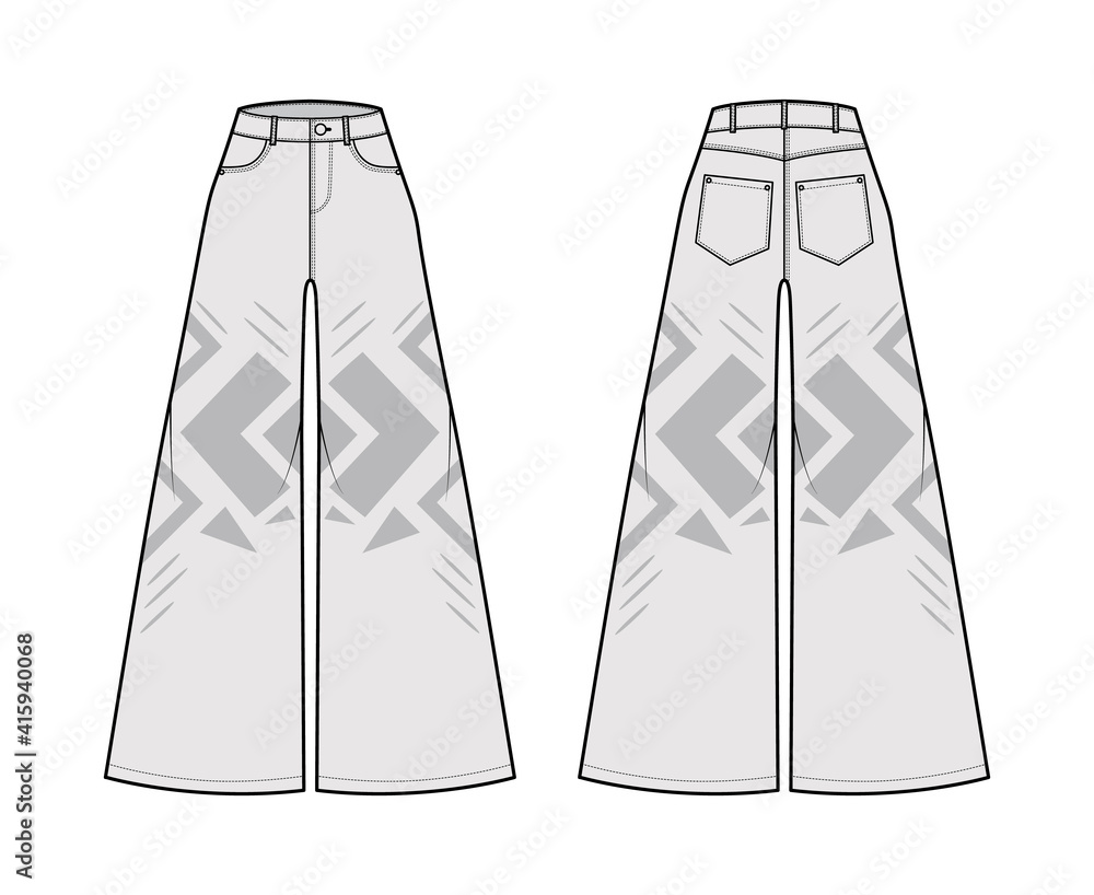 Phat Pants Denim Jeans technical fashion illustration with full length ...