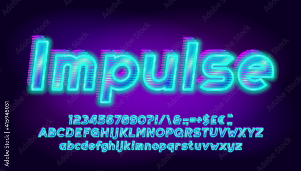 Impulse alphabet font. 3D effect bright letters, numbers and ...