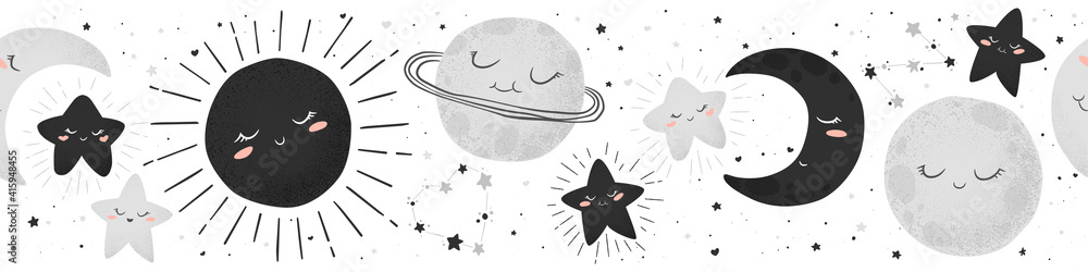 Seamless horizontal vector pattern with cute hand drawn cartoon space ...