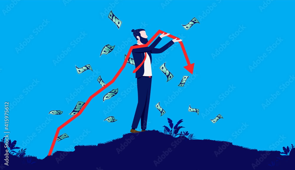 Business losing money - Man holding arrow pointing down and money ...