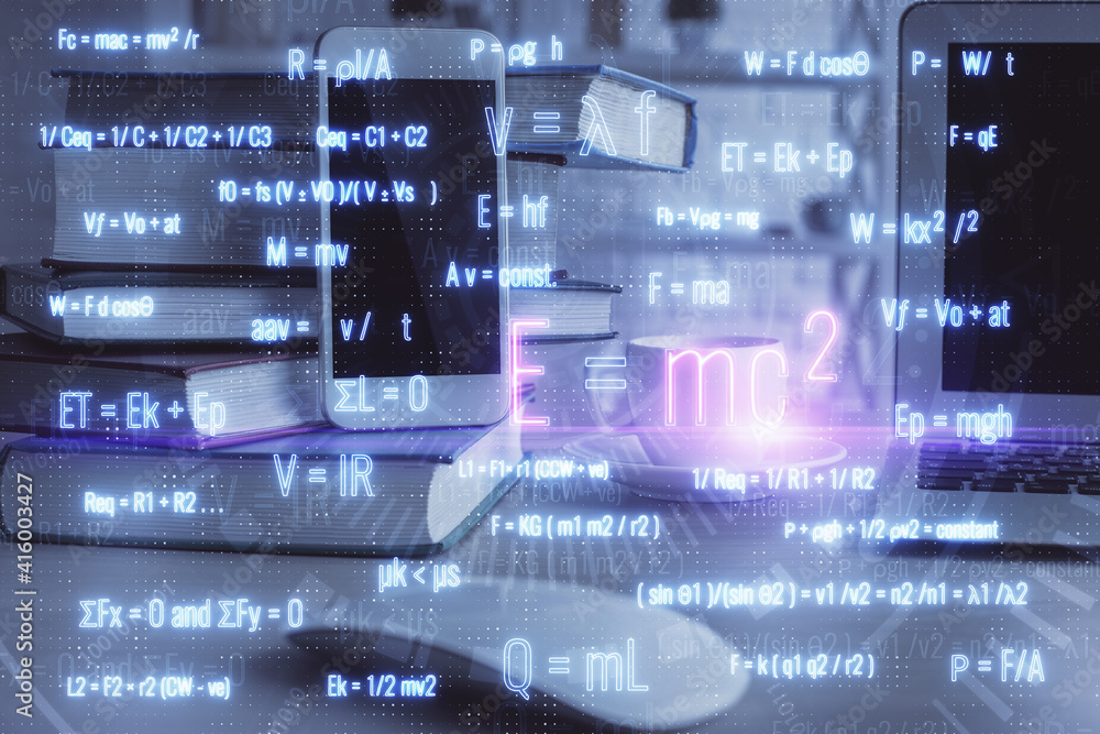 Double exposure of formula drawing and mobile phone background. Concept ...