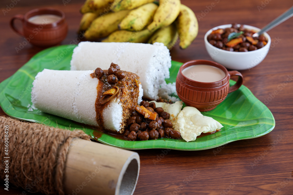 Rice Puttu white Pittu , Kadala Chickpea curry , milk tea , popular ...