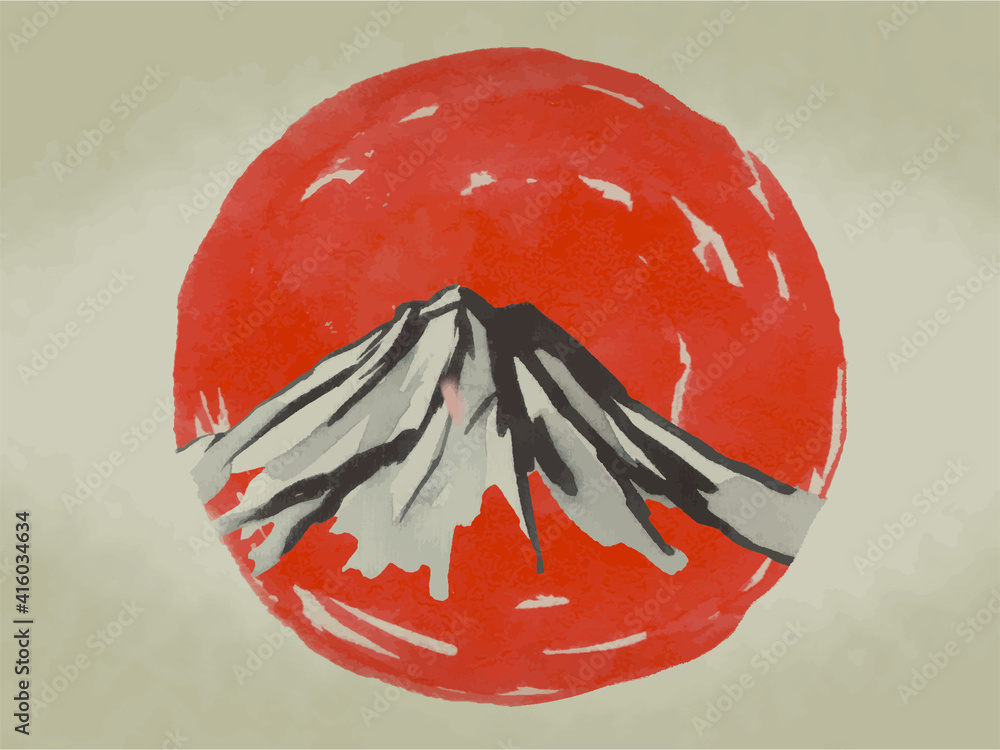 Japan traditional sumi-e painting. Fuji mountain, sakura, sunset. Japan ...