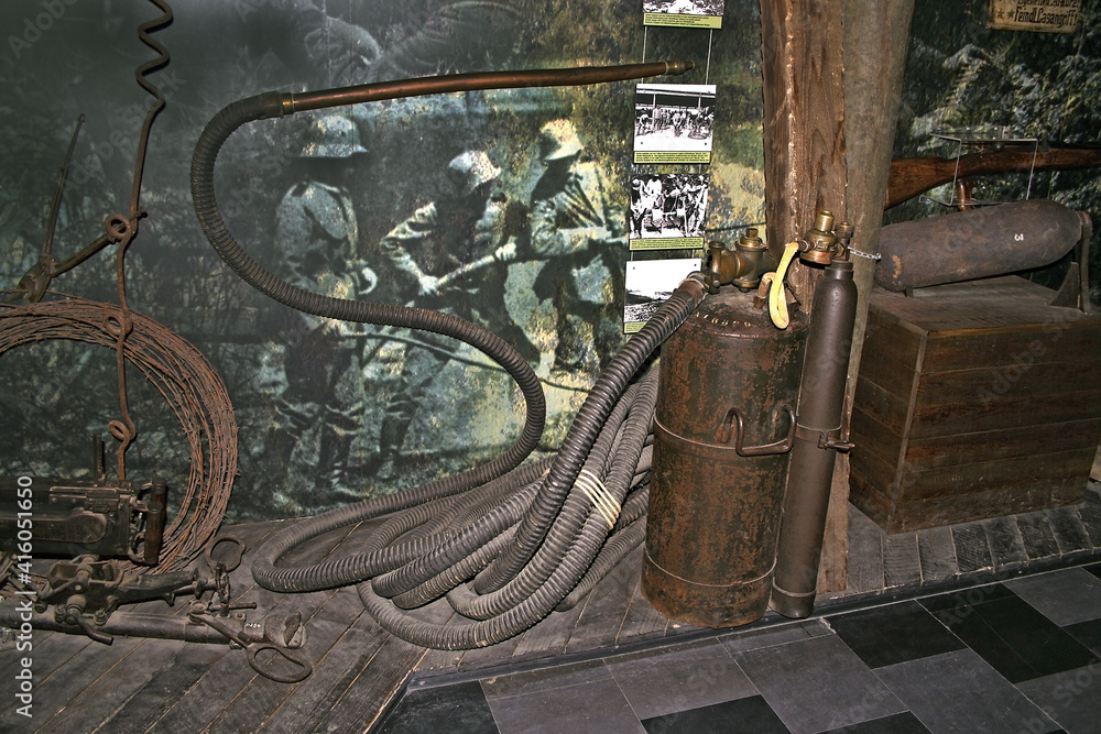 Ieper – Ypres. In Flanders Fields museum, old military equipment and ...