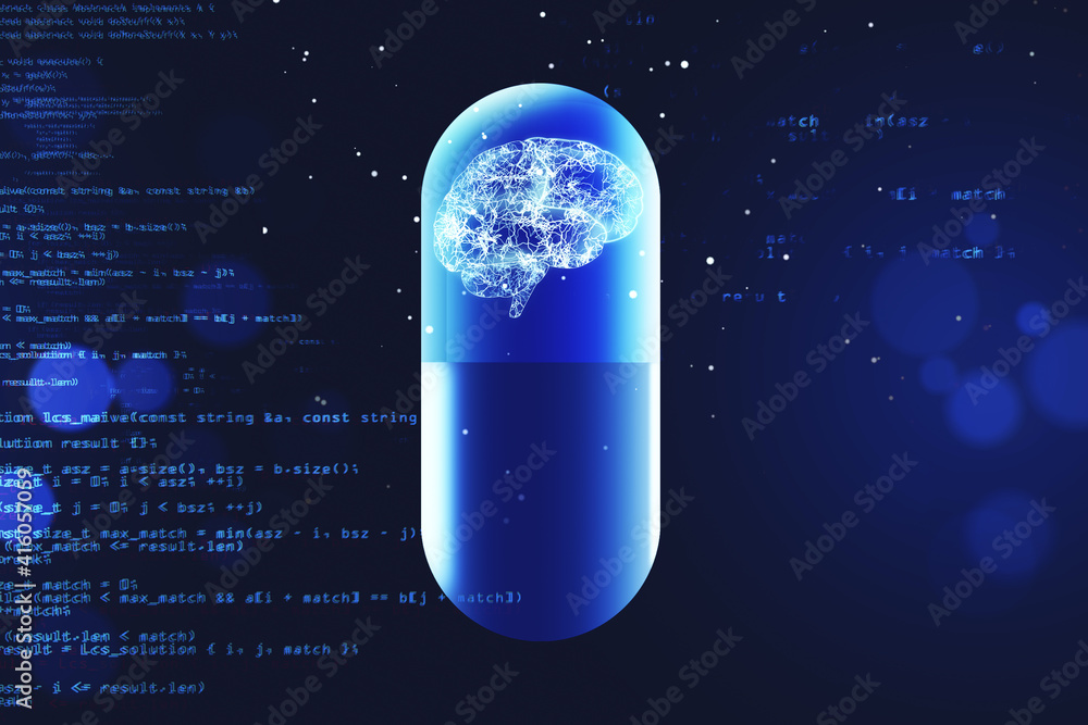Genetic engineering concept with medication capsule with human brain ...