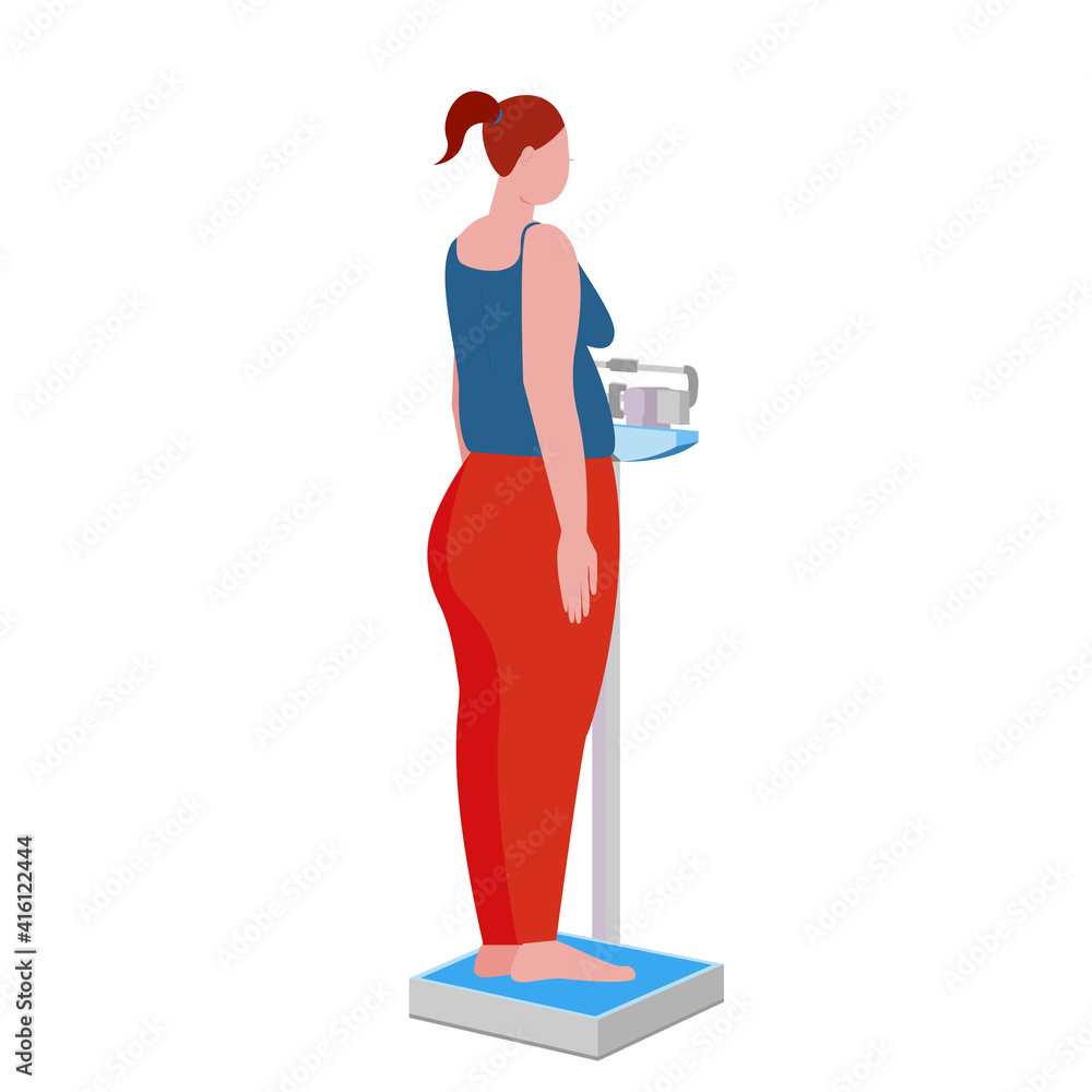 obesity and weight control. woman on the scales. mechanical scales ...