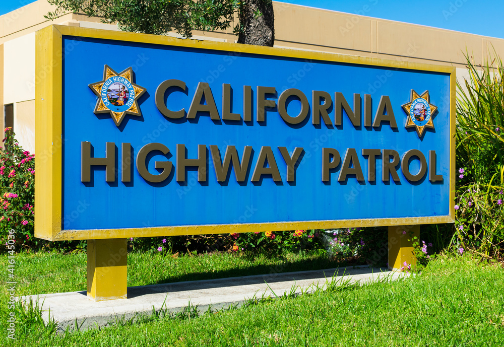 California Highway Patrol emblem and sign of a law enforcement agency ...