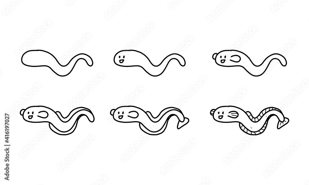 Vector de Stock how to draw a cute electric eel step by step. sea ...