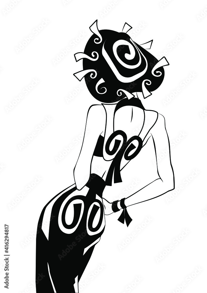 Beautiful Woman in black-withe glamor dress with swirly ornaments the ...