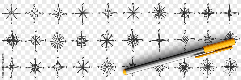 Cardinal points on compass doodle set. Collection of hand drawn ...