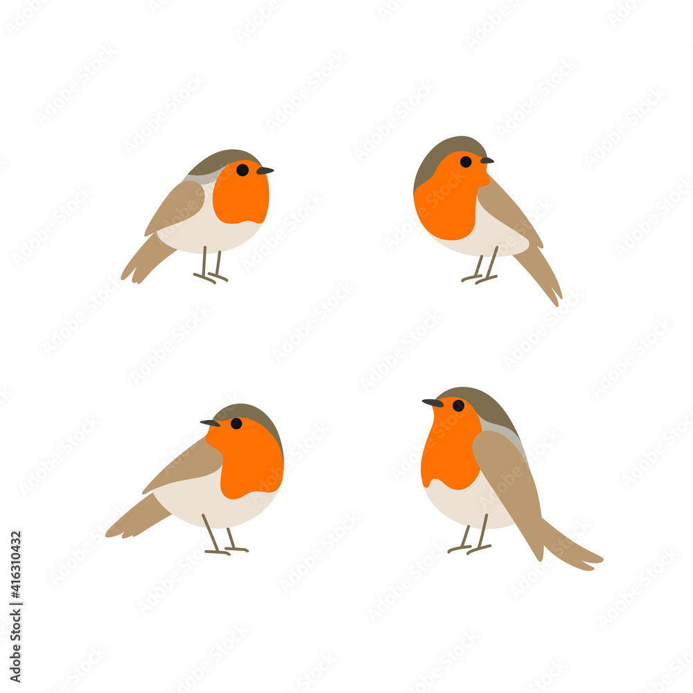 Cartoon robin bird icon set. Cute bird in different poses. Vector ...