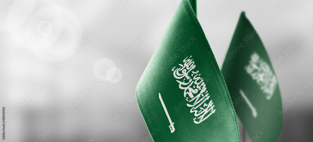 Small national flags of the Saudi Arabia on a light blurry background ...