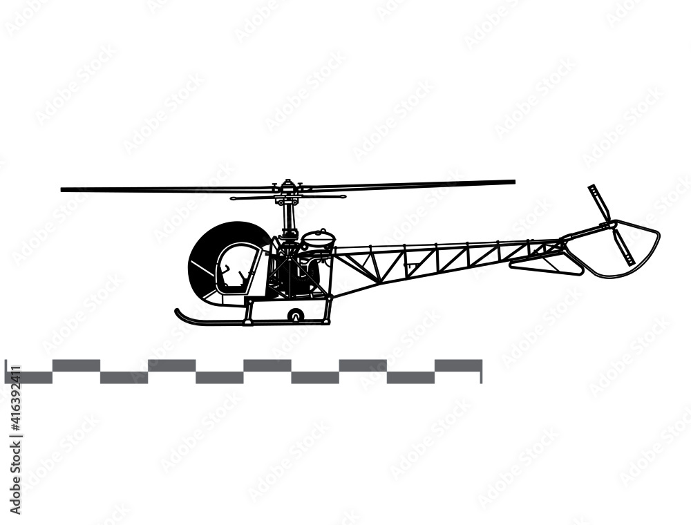 Bell H-13 Sioux. Vector drawing of light observation helicopter. Side ...