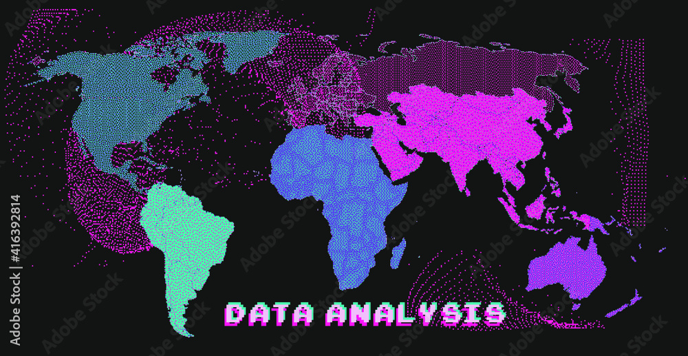 Vector de Stock Map of the World in pixel art style. Retrofuturistic ...