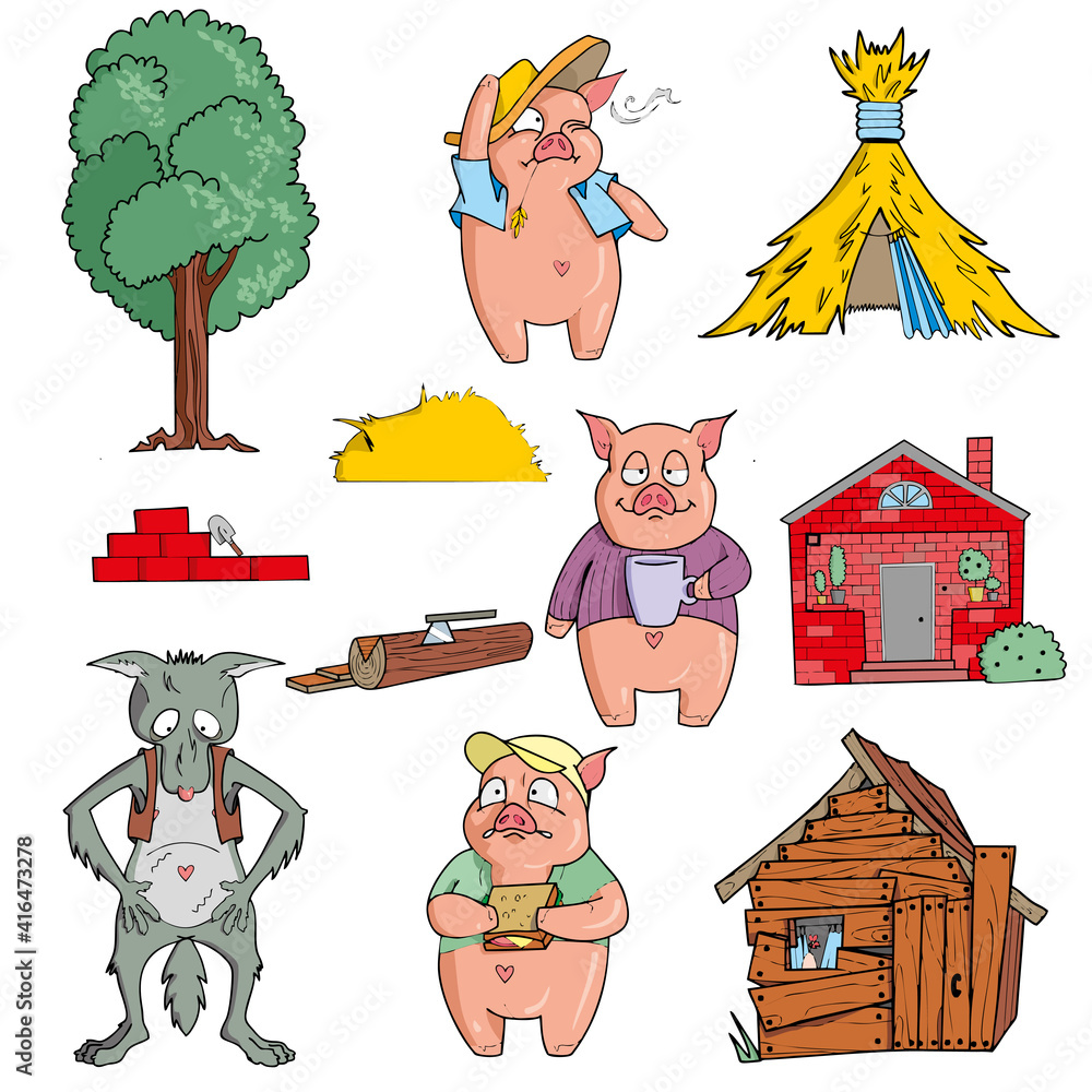 Three little pig on white background Cute Cartoon . Vector illustration ...