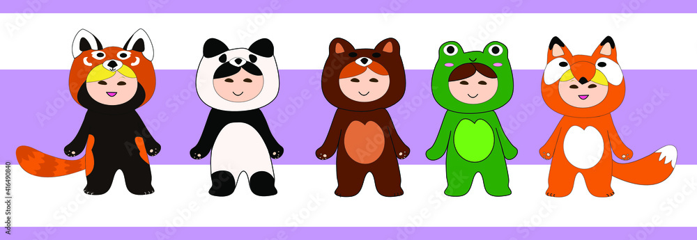 Children wear costumes of cute animals. Anime illustration in white ...