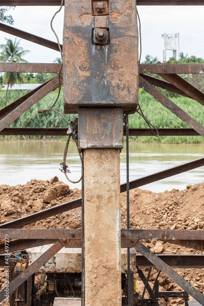 Drop hammer while working on driving piles, diesel hammer strikes a ...