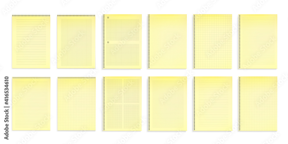 Notebooks with yellow paper in lines, dots and square grid top view ...