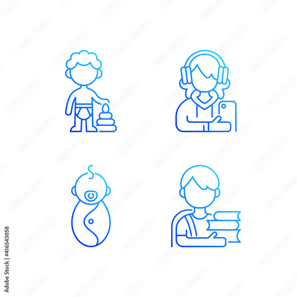 Aging process gradient linear vector icons set. Preschooler. Female ...
