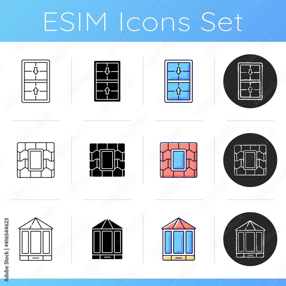 Window and door installations icons set. Double-hung windows. Venting ...