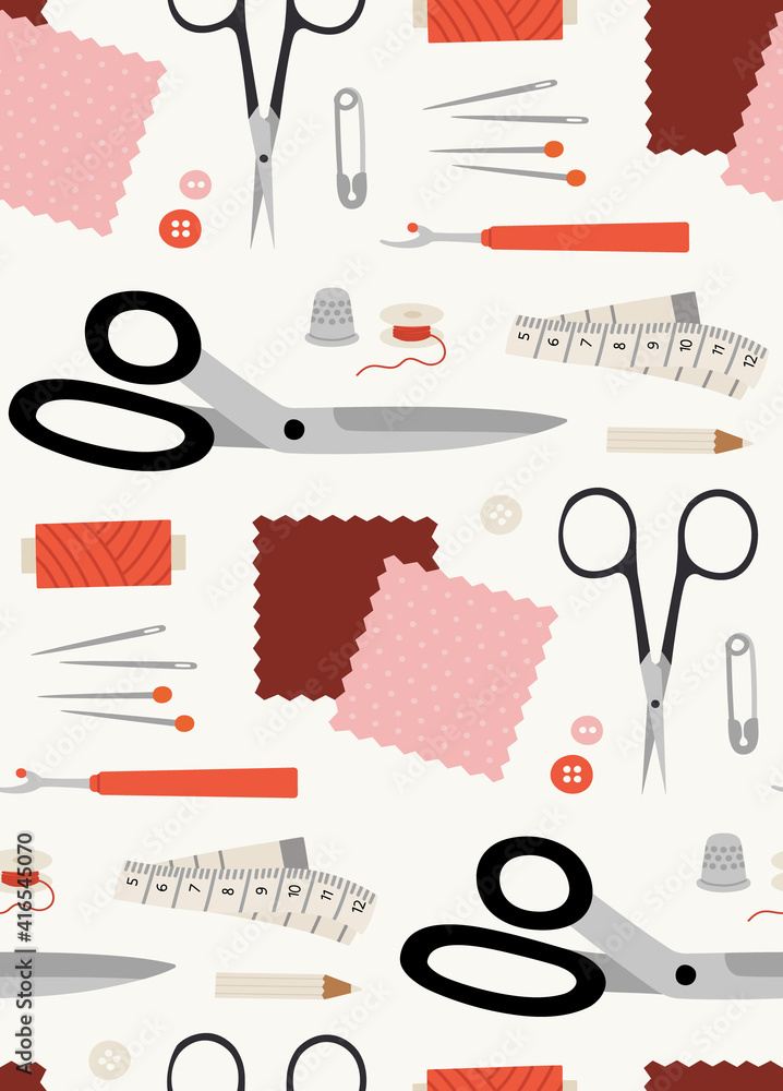 Seamless pattern of supplies and tools for sewing. Scissors, pins ...