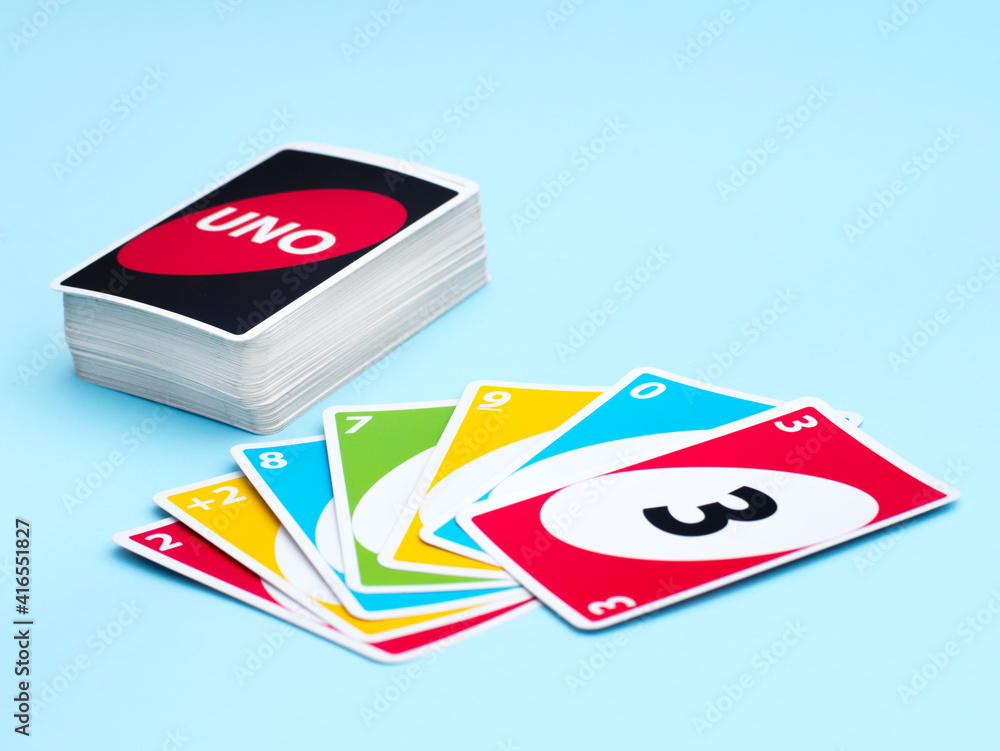 Ukraine, Cherkassy, February 24 2021: Uno game deck and cards fan on ...