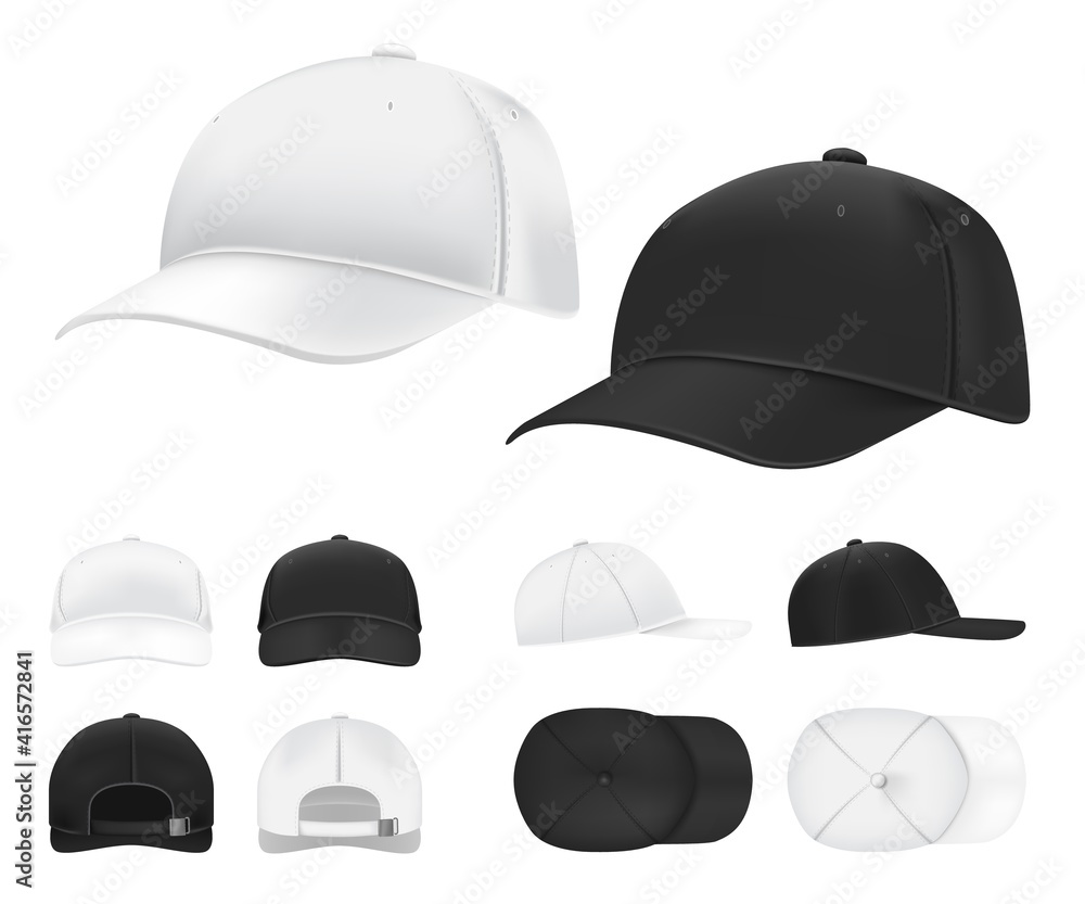 Baseball cap. Black and white blank sports uniform headwear in side ...