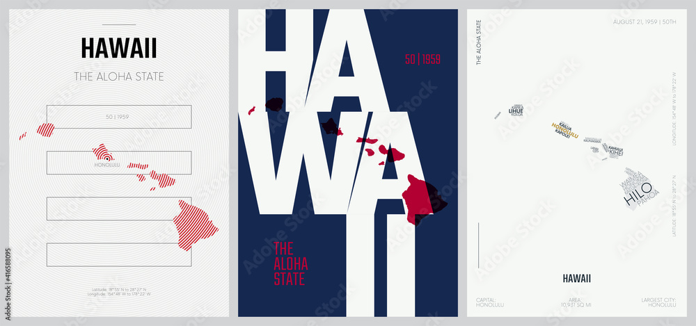 50 of 50 sets, US State Posters with name and Information in 3 Design ...