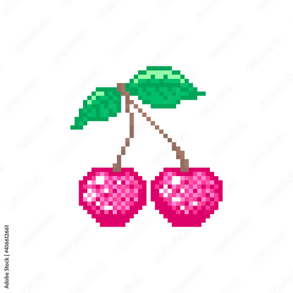 Pixel art cherry icon. Vector cute retro 8 bit picture of two sweet ...
