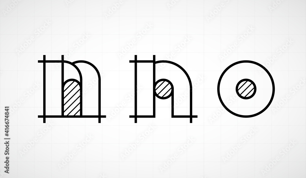 Architech font. Letters lower case mno. Graphic black and white ...