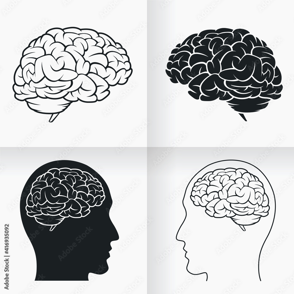 Silhouette simple brain inside human head cartoon clipart, black and ...