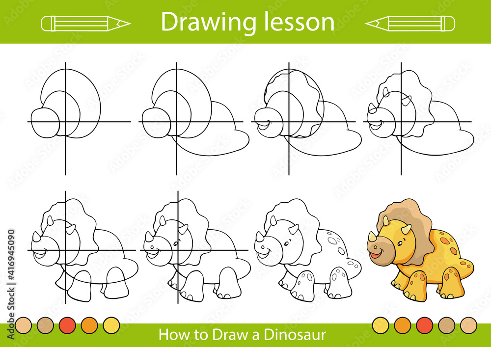 Kids drawing lesson. How to draw a dinosaur. Step by step draw. Drawing ...