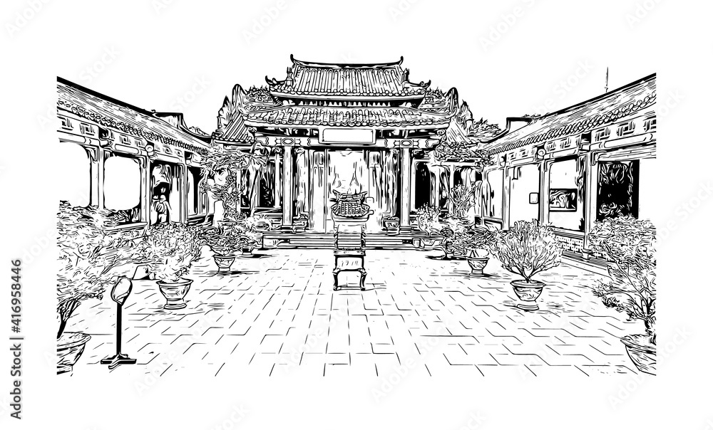 Building view with landmark of Hoi An is a city on Vietnam. Hand drawn ...