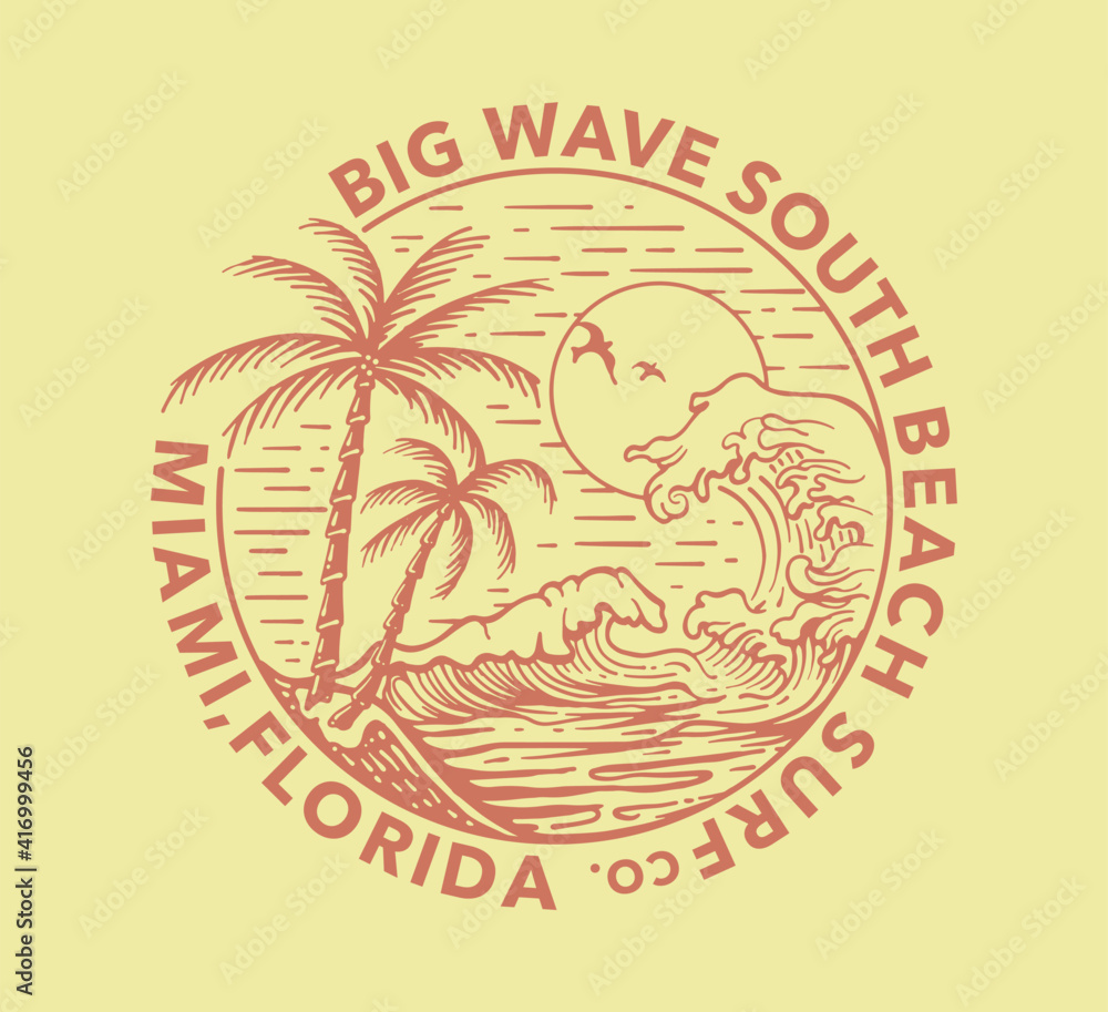 Palms, beach, big waves and sun simple minimal illustration with Big ...