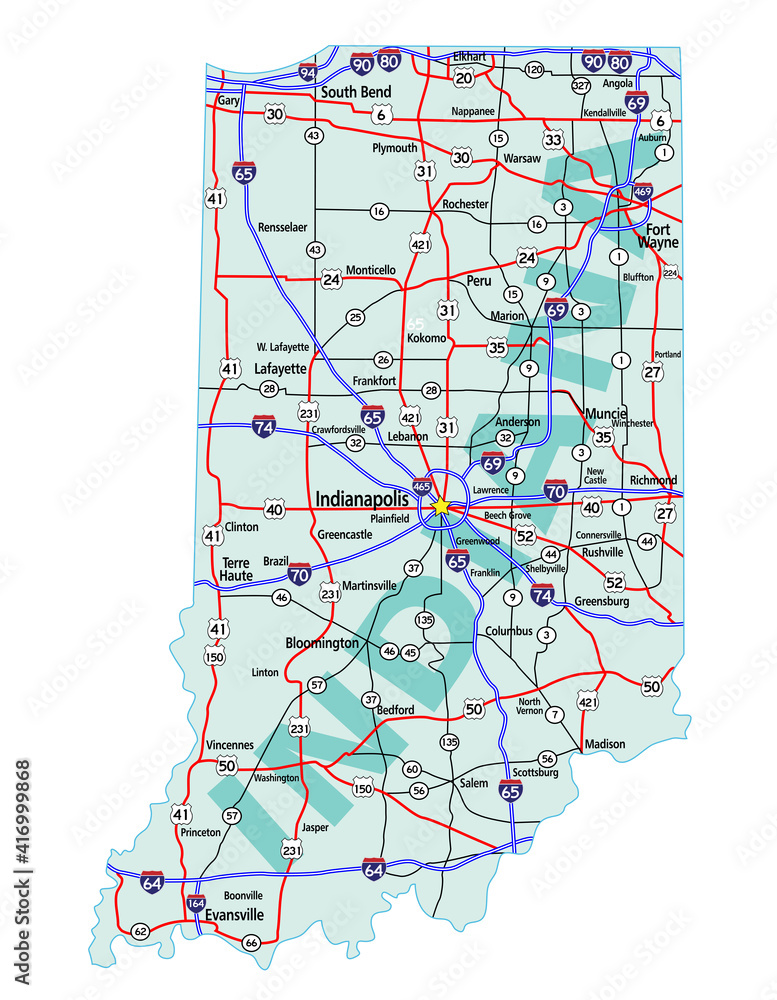 Vector map of the state of Indiana and its Interstate System. Stock ...