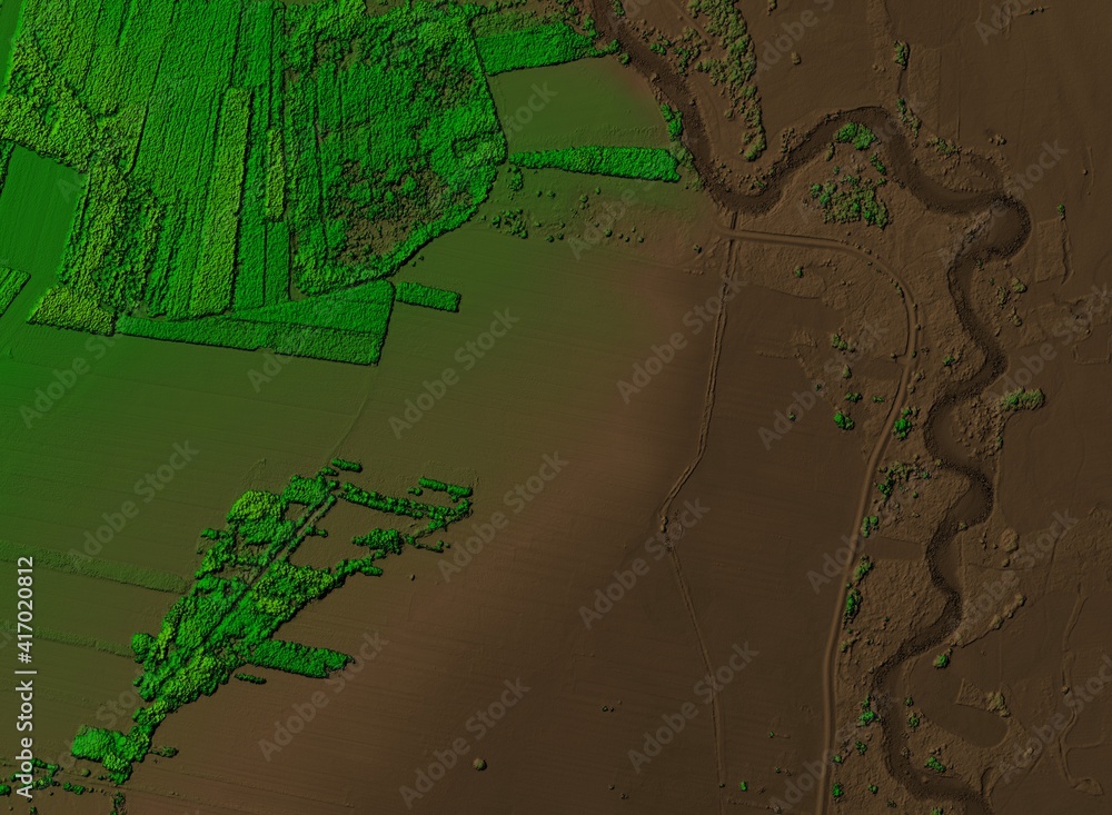Digital elevation model of a forest area with a river. GIS product made ...