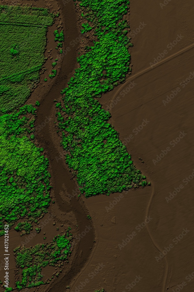 Digital elevation model of a forest area with a river. GIS product made ...