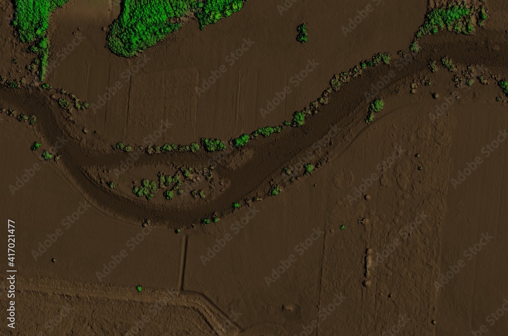Digital elevation model of a forest area with a river. GIS product made ...