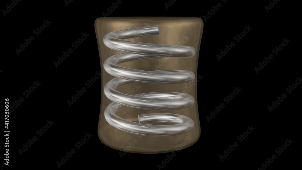 Coiled spring with shiny metal surface. Encased in transparent shell . 3d rendering illustration ...