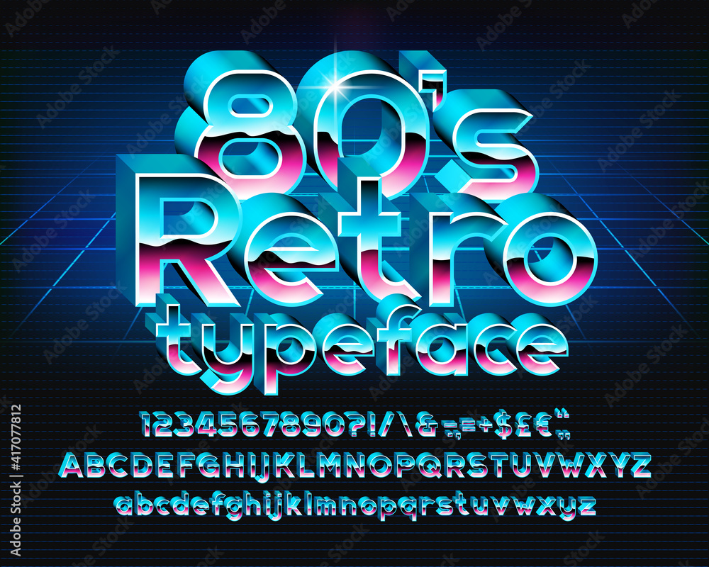 80s Retro alphabet font. 3D letters, numbers and punctuations in 80s ...