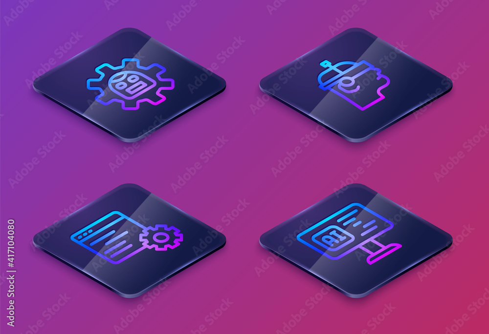 Set Isometric line Robot, Computer api interface, Smart glasses and Software. Blue square button ...