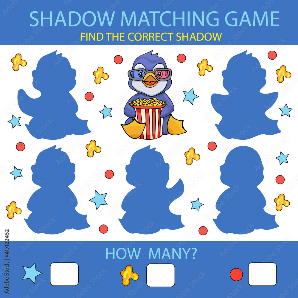 Kids game. Education worksheet activity page. Find the correct shadow ...
