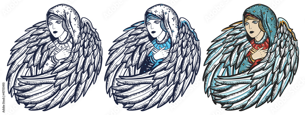 Beautiful angel woman. Virgin Mary and wings. Goddess lady. Symbol of ...