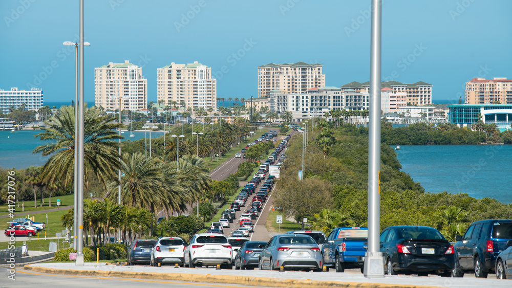 High traffic jams on Beach Road. Ocean or shore Gulf of Mexico. Spring ...