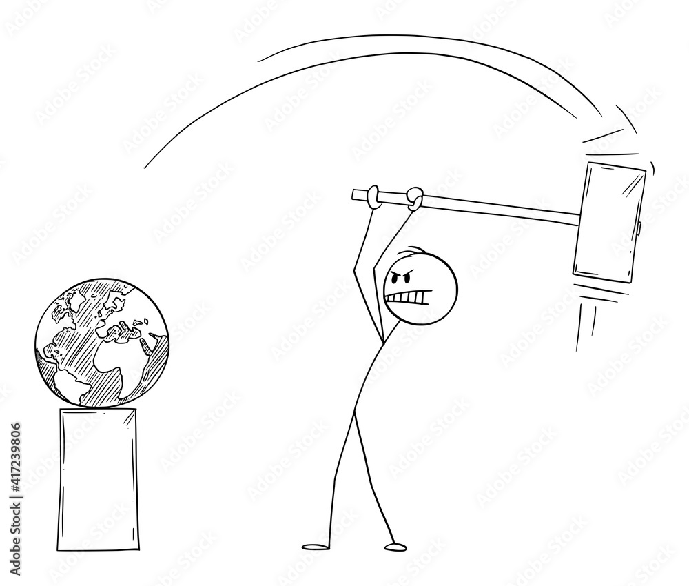 Politician, businessman or man with big hammer is hitting planet Earth ...