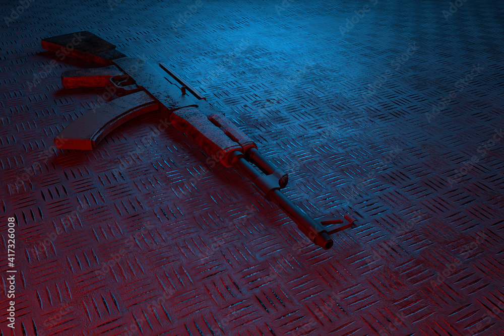 Modern automatic rifle with a collimator sight on a dark background ...