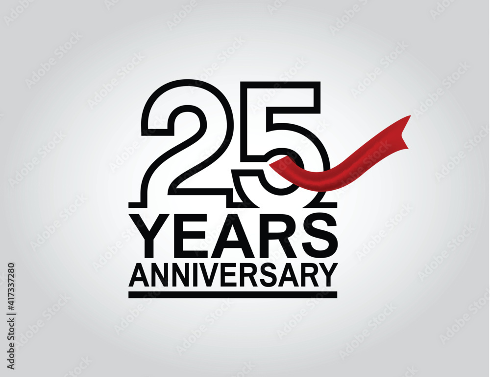 25 years anniversary logotype with black outline number and red ribbon ...